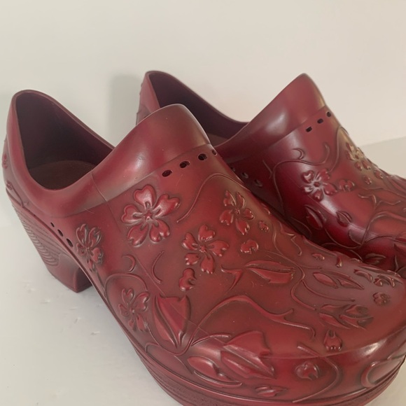 Dansko | Shoes | Dansko Floral Embossed Red Clogs Mules Size 65 Euc ...